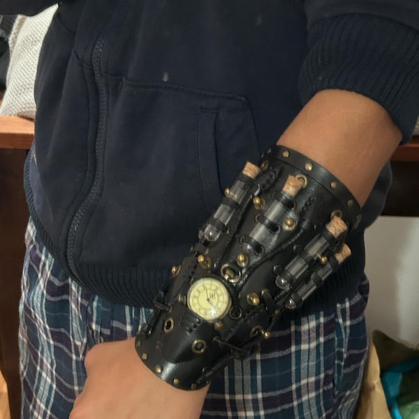 Wide Black Bronze Steampunk Leather Bracelet, Wrap Alchemist Potion Bracer, Genuine Leather ...