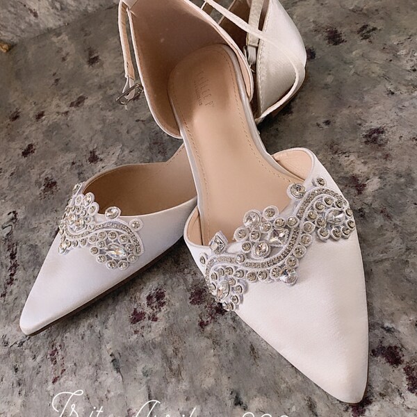 White Satin Pointy Toe Flats With Sparkly RHINESTONES APPLIQUE , Women ...