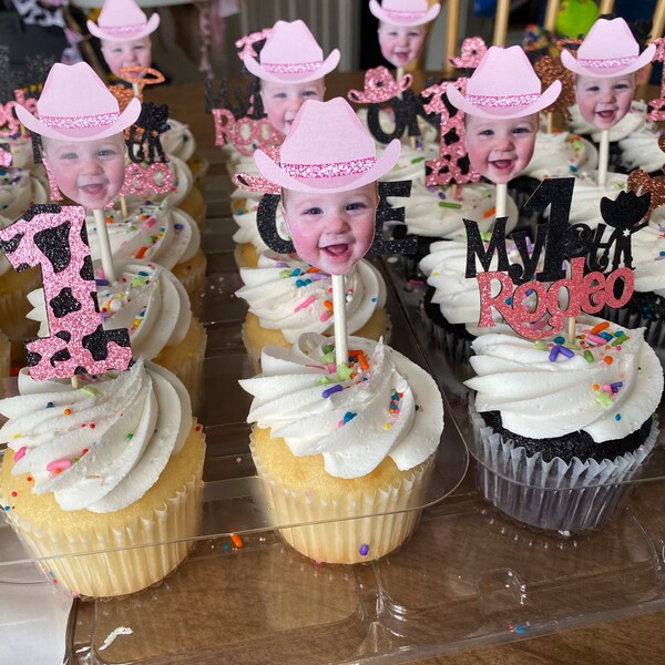 Rodeo Cupcake Toppers With Photo and Pink Cowgirl Hat, Face Cupcake ...