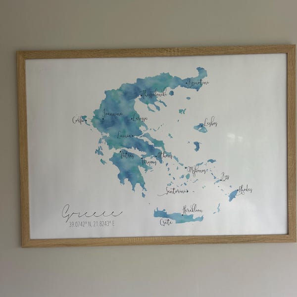 Greece Map / Labelled Watercolour / Digital or Printed Wall Art / Large ...