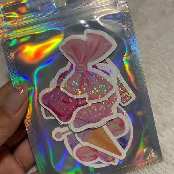 Set of 10 Pink Aesthetic Sparkly Holographic Stickers, Cute Girly ...