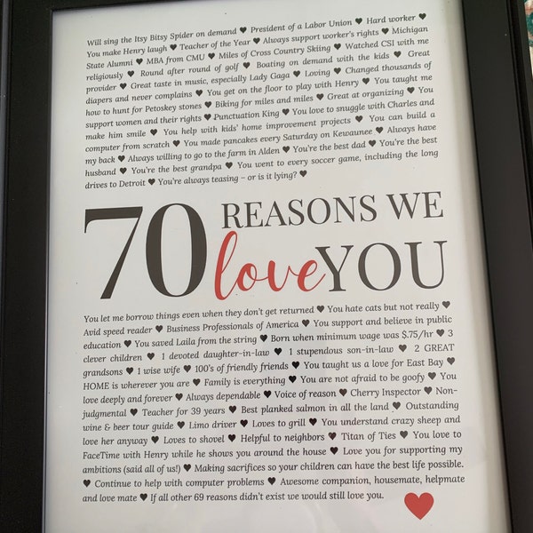 Personalized Gift - READY IN 24H, 70 Reasons We Love You, 70th Mum ...