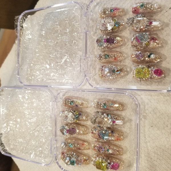 Luxury Press-on Nails, High-end Swarovski Crystal Long Nails, Roseup ...