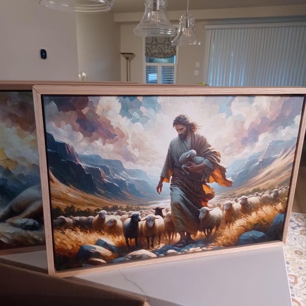 Jesus and Lost Sheep | Framed Oil Paint Print Canvas | Religious Decor ...