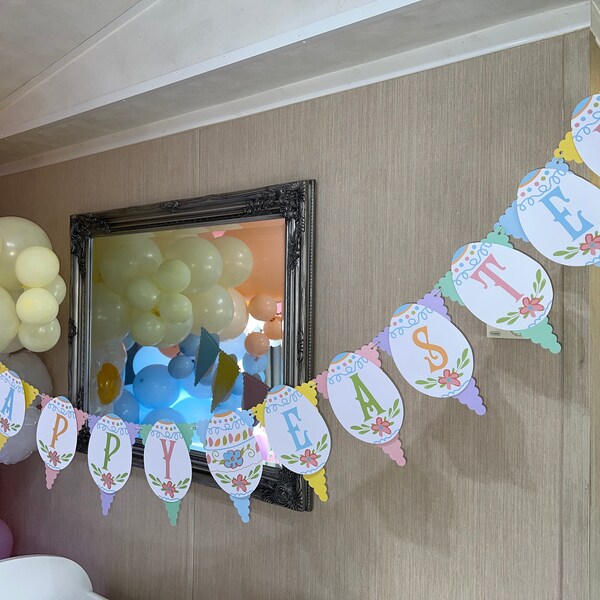 Printable Easter Egg Banner Reads HAPPY EASTER Cute Colorful Egg Shaped ...