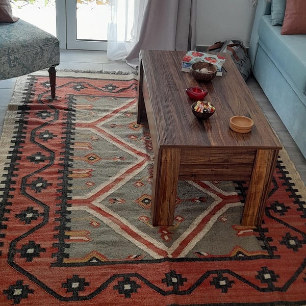 Southwestern Navajo Wool Jute Area Rug | Vintage Kilim Pattern ...