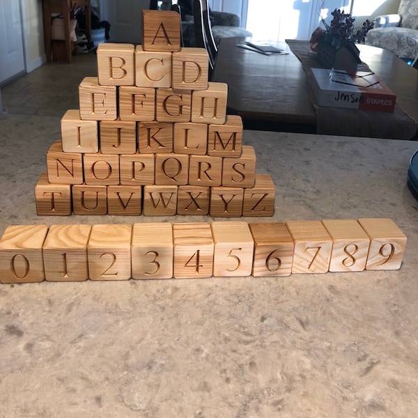 26 Wood English Alphabet Blocks and 10 Numbered Wooden Blocks 0-9, ABC ...