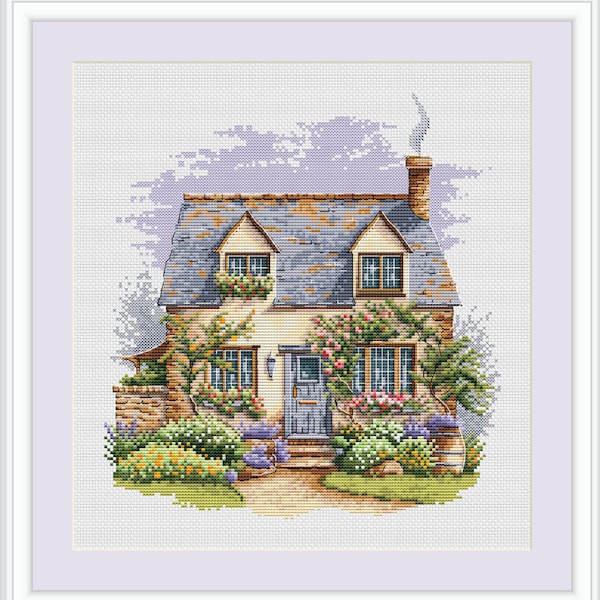 Blue Roof English Cottage Cross Stitch Pattern Cosy House With Rose ...