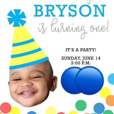 Baby Face Photo First Birthday Party Invitation With Rainbow Confetti ...
