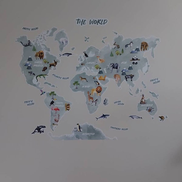 Animal World Map Wall Sticker | Kids World Map Decal | World Map Wall ...