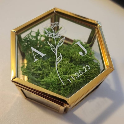 Hexagon Glass Ring Box With Moss Gold or Rose Gold Personalized Ring ...