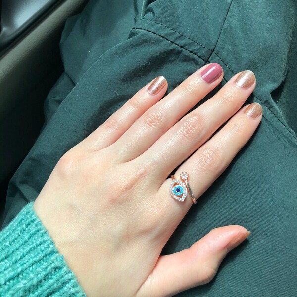 Minimalist Adjustable Evil Eye Ring, Zircon Evil Eye Charm Ring, Adjustable Minimalist Ring in ...