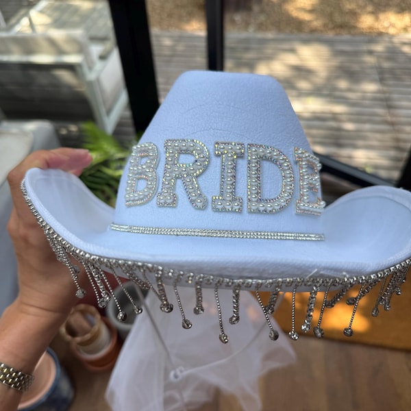 Personalized Pearl Bride Cowgirl Hat With Veil,rhinestone Fringe Wifey ...