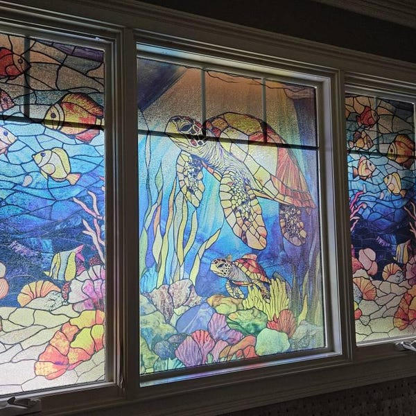 Underwater Sea Turtle Stained Glass Window Film – Decorative Privacy ...