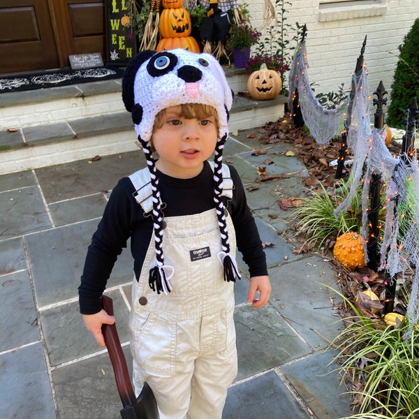 Crochet Dalmation Hat, Spotted Puppy Dog Hat With Ear Flaps, Halloween ...