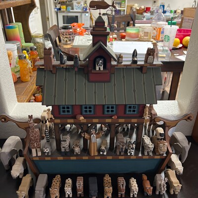 Hand Carved Wood Noah's Ark, Wooden Ark, Wood Noah's Ark, Heirloom Noah ...