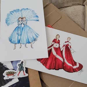 Sisters in Blue, White Christmas holiday Fashion Illustration Print - Etsy