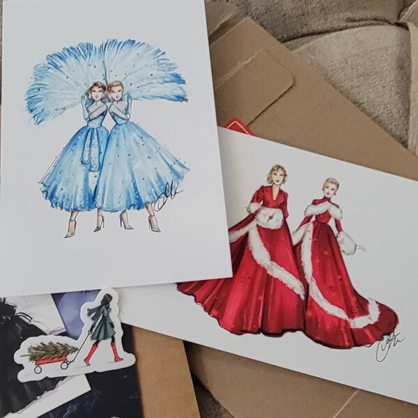 Sisters in Blue, White Christmas (holiday Fashion Illustration Print ...