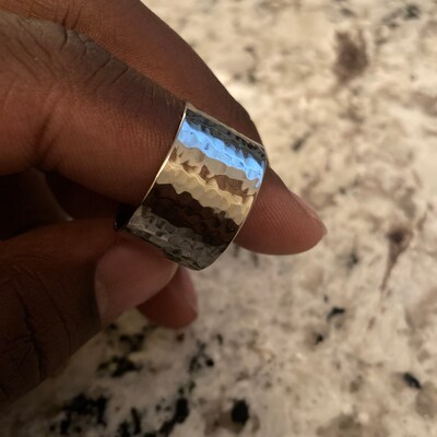 Wide Band Ring Waterproof Jewelry Silver Tube Ring Adjustable Hammered ...