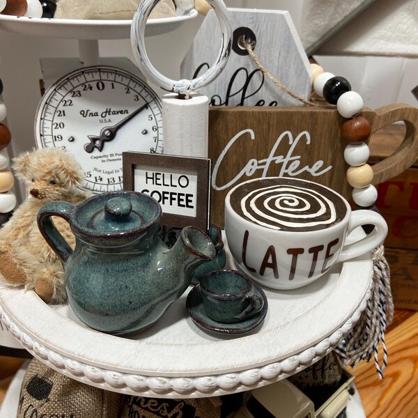 Fresh Brewed Coffee Themed Mini Teapot, Coffee Bar Decor, Tiered Tray ...