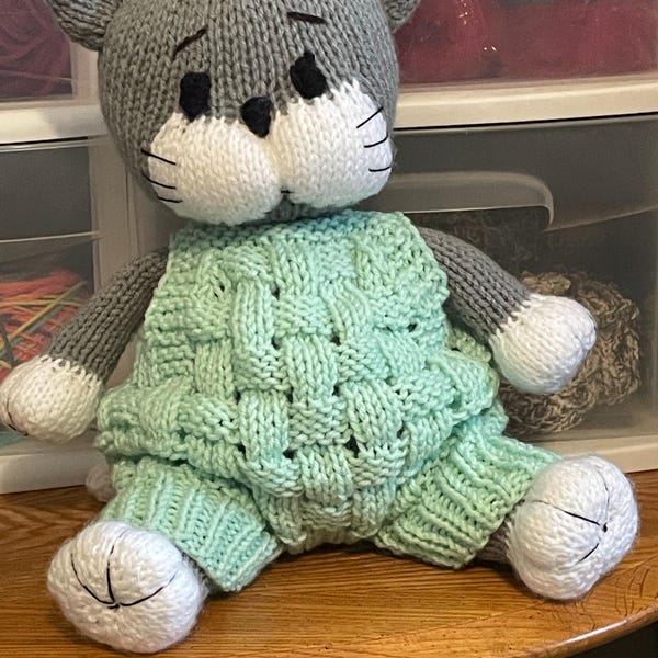 Cat Knitting Pattern, DIY Stuffed Animal,cat in Overall, Gift for Kids ...