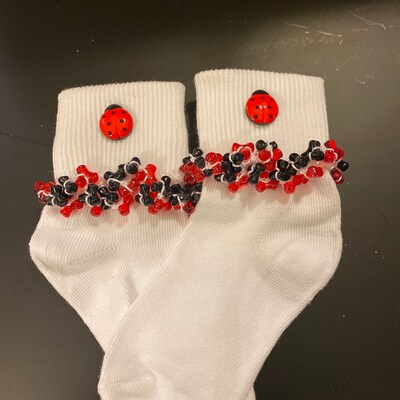 Lady Bug Beaded Socks, Red, Black, Buttons, Tri Beads, School, Holidays ...