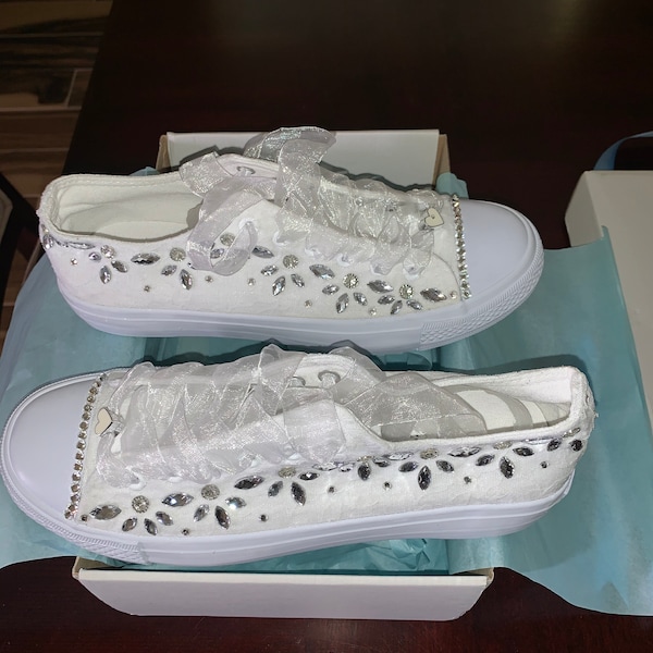 Bling Sneakers for Bride, White Lace Bridesmaid Trainers, Crystal ...