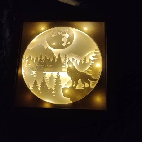 Light up Howling Wolf Shadow Box, Illuminated 3D Wolf 8x8 Shadow Box ...
