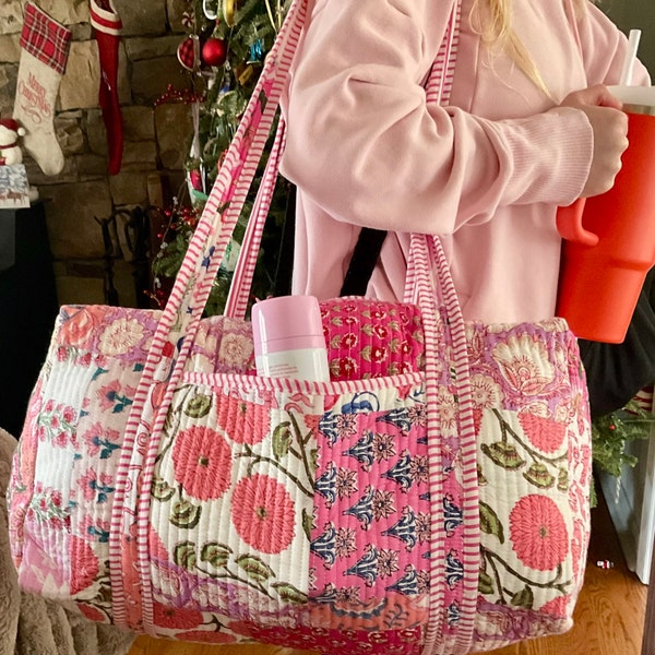 Large Cotton Weekender Travel Bag, Handmade Quilted Fabric Duffle Bag ...