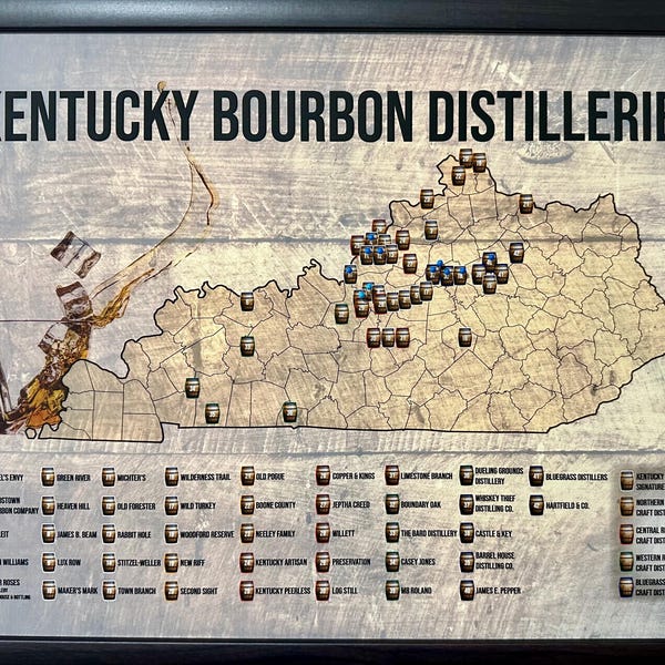 Kentucky Bourbon Distilleries Map Push Pin Map Bourbon Trail Wall Art ...