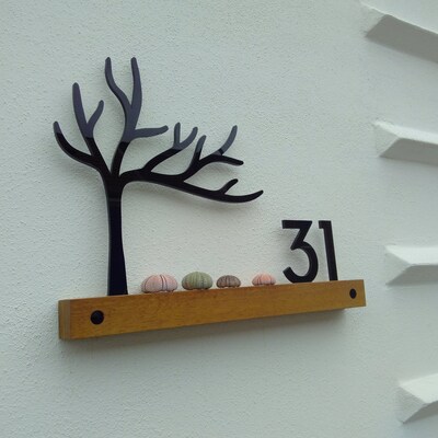 Modern House Numbers Tree 02 Wooden & Acrylic Signs African Teak Iroko ...
