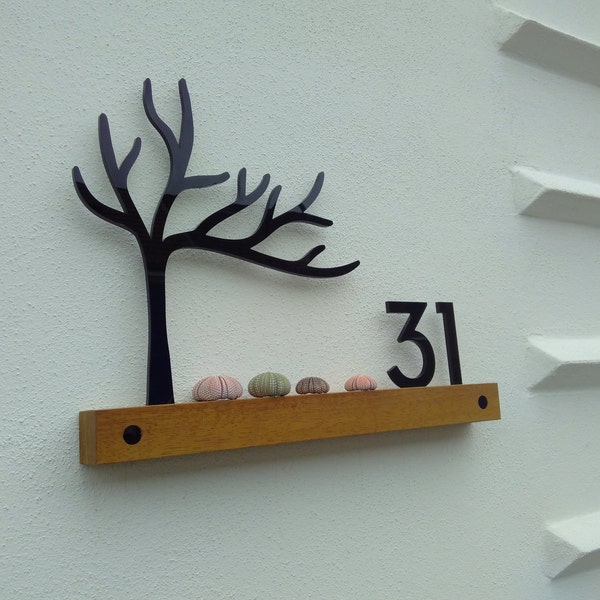Modern House Numbers - Tree 02 Wooden & Acrylic Signs - African Teak ...
