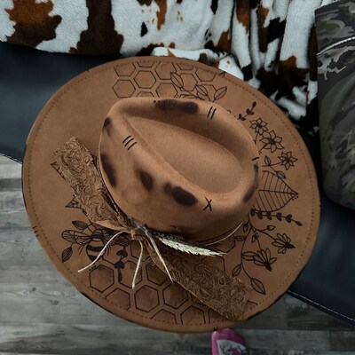 CUSTOM HAND BURNED Wide Brim Hat Bride Branded Hat Flowers and Leaves Burned Hat Western Hat - Etsy