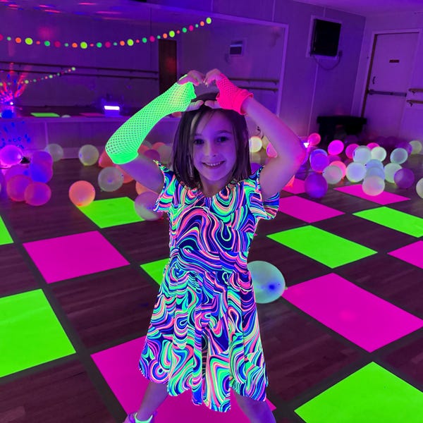 Girls Neon Glow Worm Print Skater Dress With Flip Sleeves - Etsy