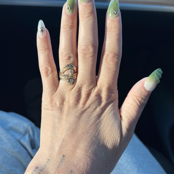 3D Sun Star Gothic Press on Nails Short Almond Nails/green Nails/gothic ...