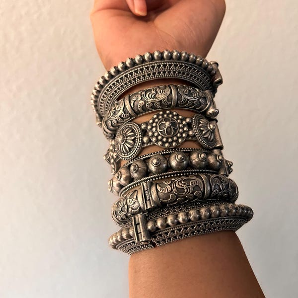 Oxidized Silver Kada Bangles: Set of 6, Ethnic Tribal Jewelry | Indian ...