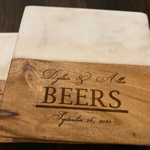 Marble and Wood Engraved Coaster Set, Marble Coasters, Engraved ...