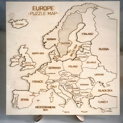 Map of Europe Wooden Puzzle, Engraved Continent Educational Toy, Laser ...
