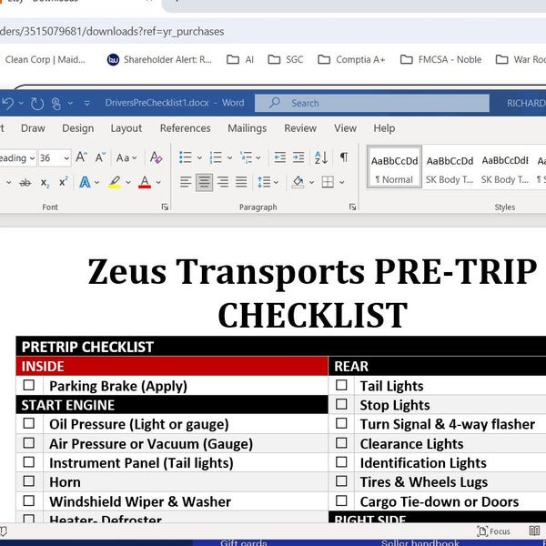 Driver Pre-trip Checklist Template - Etsy