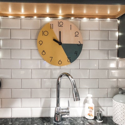 Minimalist Wall Clock With Numbers Large Wooden Clock Mustard and Gray ...