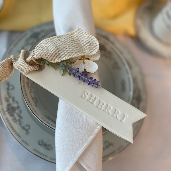 Personalized Clay Place Card: Lavender Ribbon Name Plate - Etsy