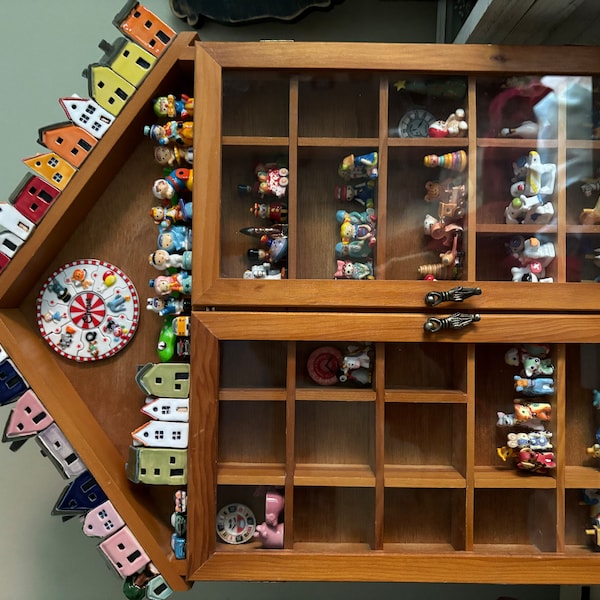 Vtg Wood Curio Cabinet W/ Glass Door & Open Side Shelves 3-tier Trinket ...