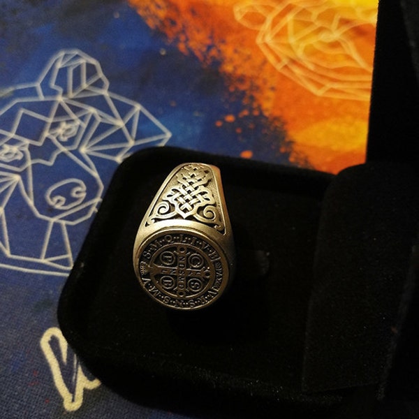 St Benedict Medal Signet of Exorcism Cross Ring Jewelry Mens Religious ...