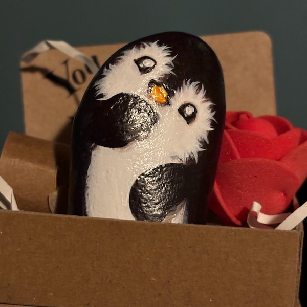 Hand Painted Rock Pocket Hug in a Box, Penguin Gift for Him This ...