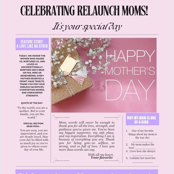 Editable Mother’s Day Newspaper Template | Printable Canva Gift for Mom ...