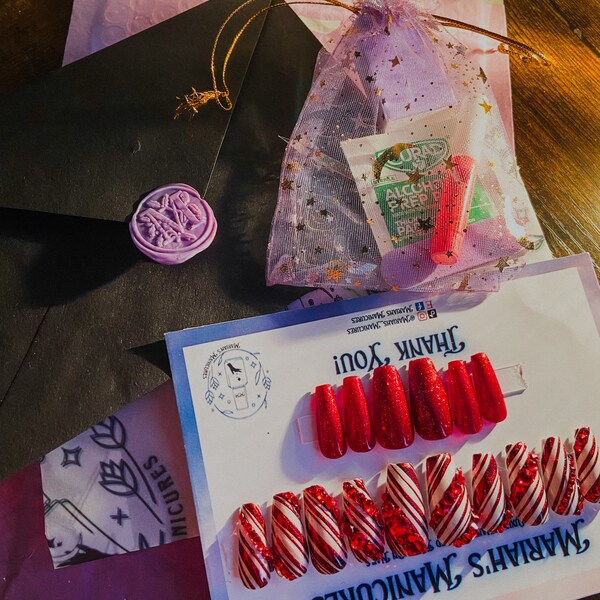 Candy Cane Claws Press on Nails / Holiday Plaid / Bling Nails / Winter ...