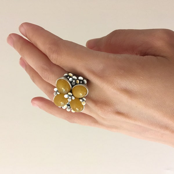 Peony Blossom Momo Coral Ring - 14K Yellow Gold, Natural Carved Momo ...