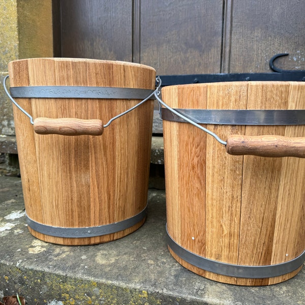 Wooden Oak Bucket [10L — 15L] Rustic Whiskey Barrel / Round Water Pail ...