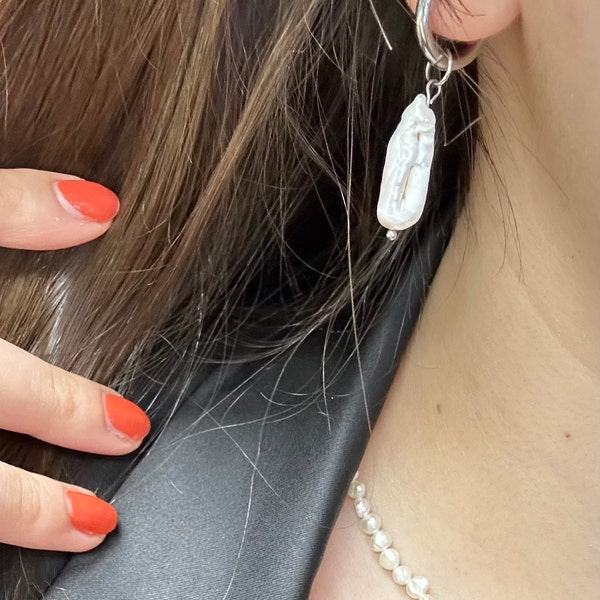 ASTRA Real Freshwater Pearl Charm Hoop Earrings, Baroque White Black ...