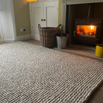 Beige White Chunky Looped Wool Rug Scandinavian Hand Made Fluffy Soft ...